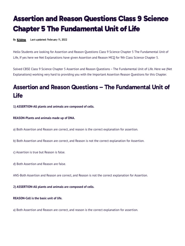 Assertion and Reason Questions Class 9 Science Chapter 5 The ...