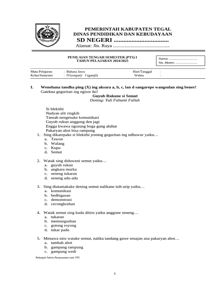 Soal STS Bahasa Jawa Kelas 4 Semester Ganjil | PDF