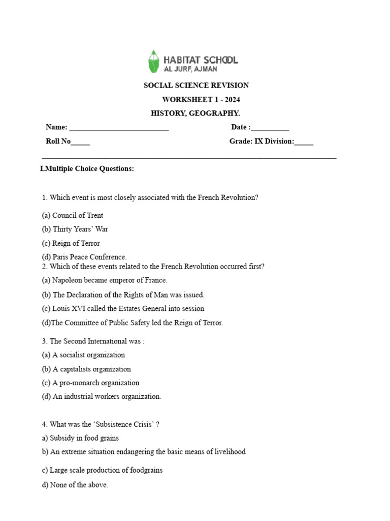 GR-9 - SA1 - Revision Worksheet - 1 (Indian SST) 2024 | PDF