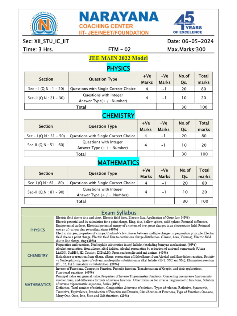Narayana Class 12th FTM QP | PDF