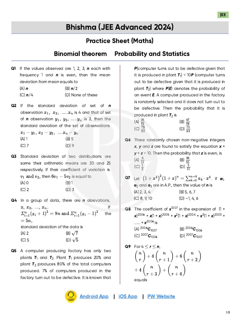 Binomial Theorem & Probability and Statistics Practice Sheet | PDF