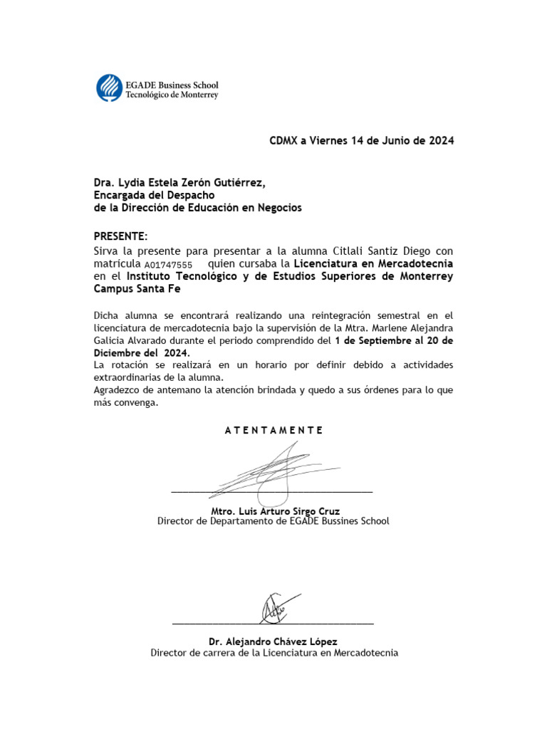 Carta Presentación TEC | PDF | Crecimiento personal y profesional | Negocios