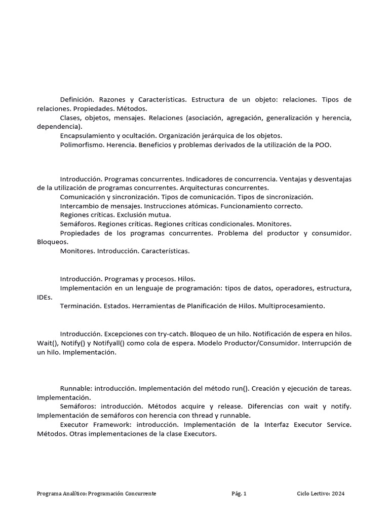 Programa 2024 de Programación Concurrente Ing Inf Plan 2022 | PDF