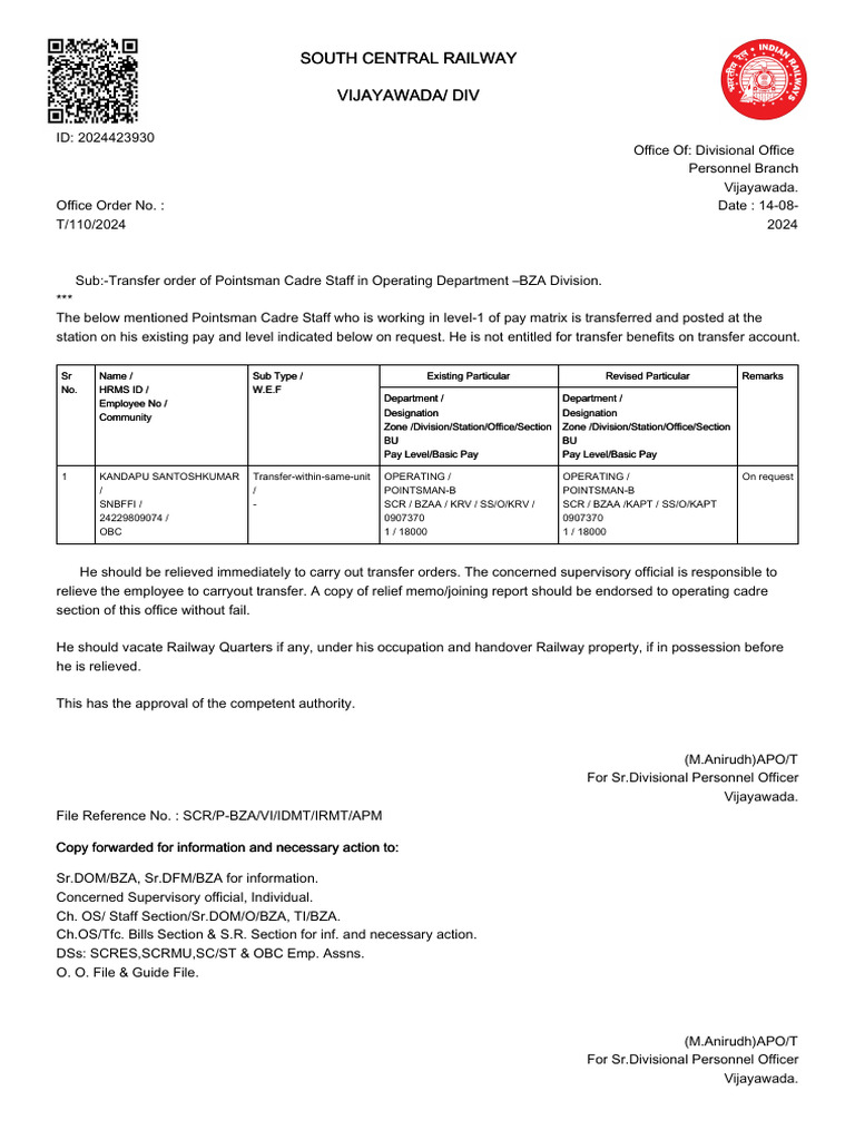 Transfer Order of Sri. K.Santosh Kumar, APMKRV in Operating depot.-BZA ...