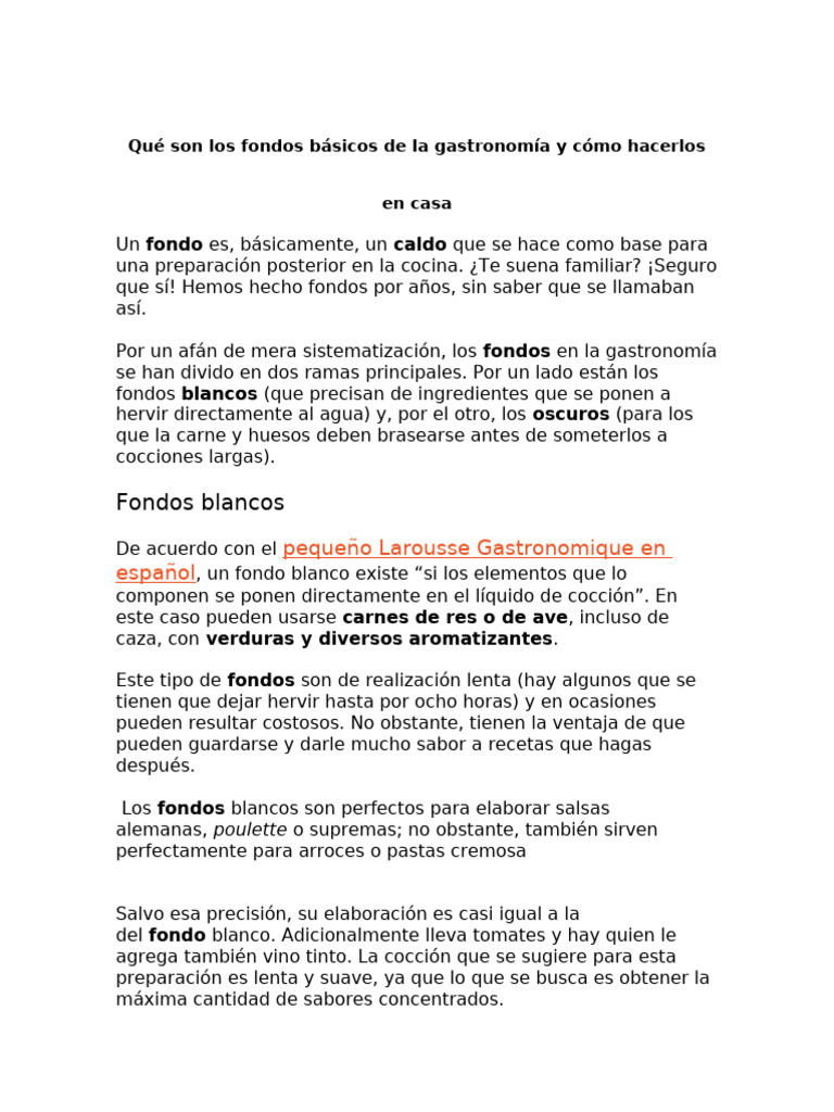 Qué Son Los Fondos Básicos de La Gastronomía y Cómo Hacerlos en Casa | PDF