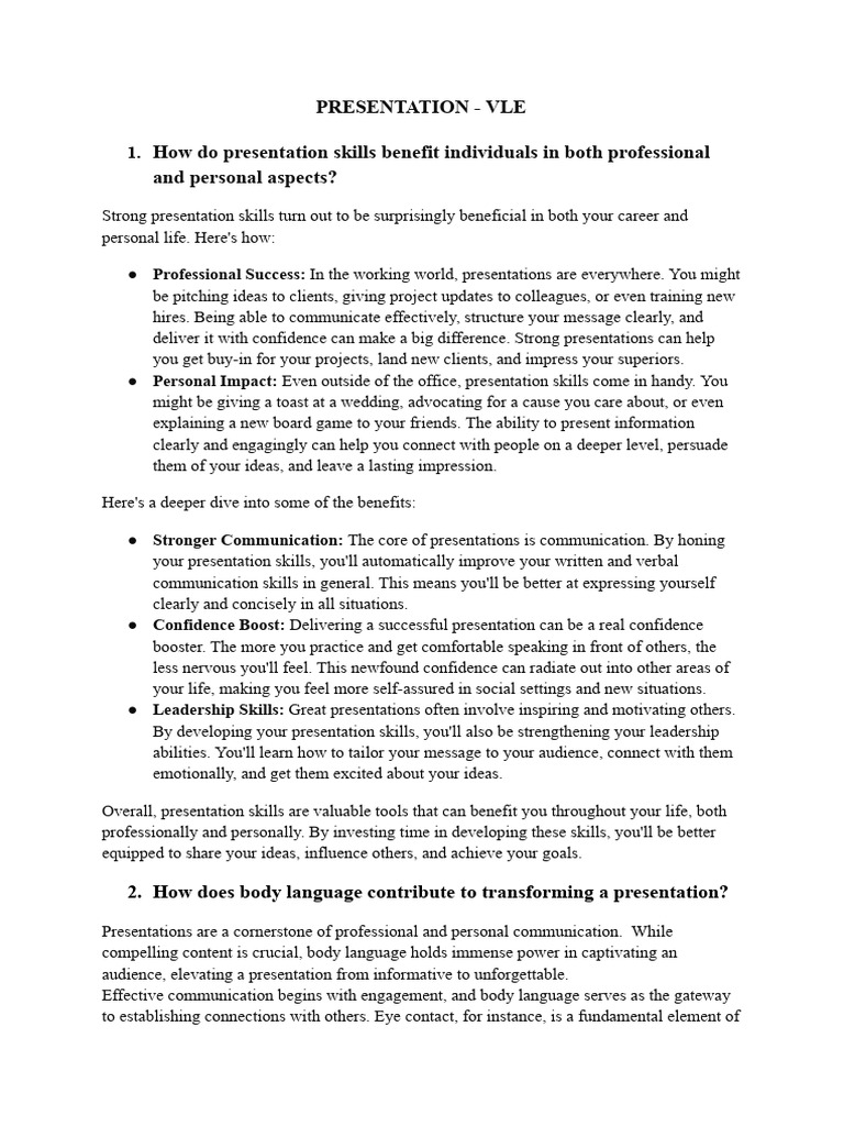 Presentation - Vle How Do Presentation Skills Benefit Individuals in Both Professional and ...