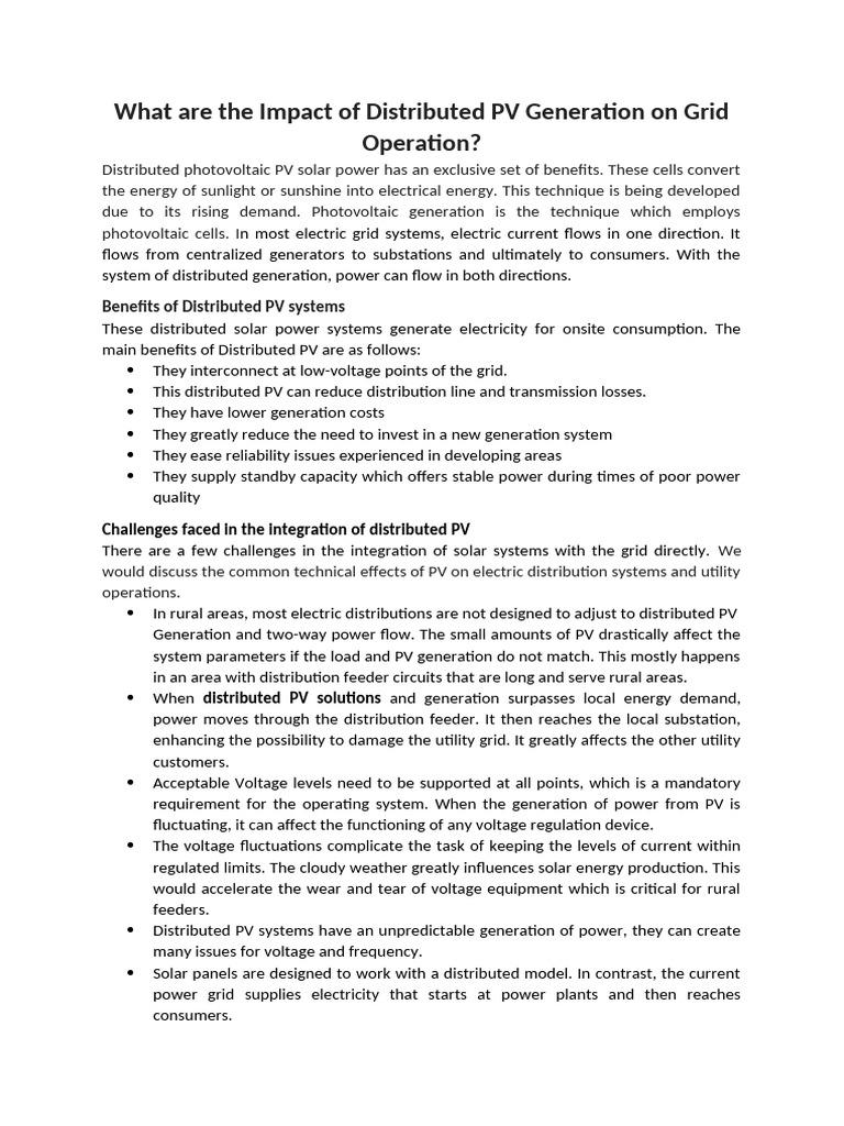 What Are The Impact of Distributed PV Generation On Grid Operation | PDF