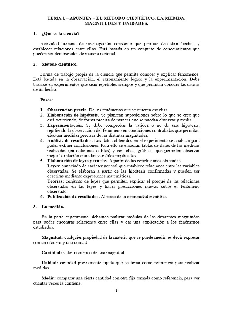 3º Eso - Tema 1 - Apuntes - El Método Científico. La Medida. Magnitudes ...