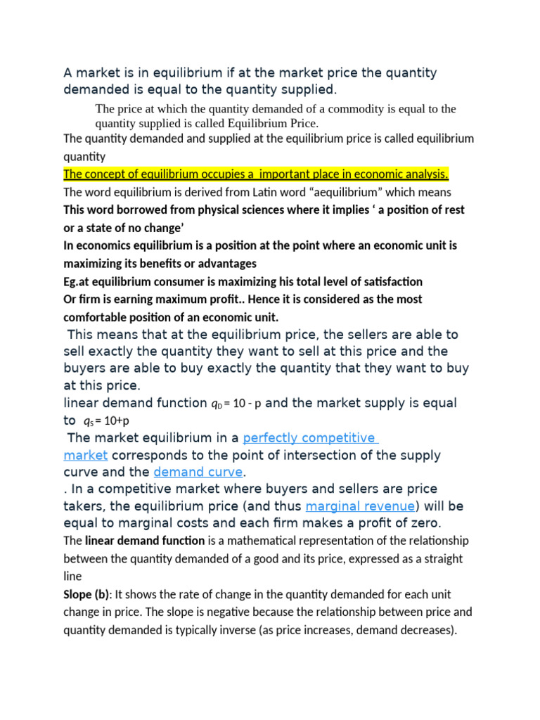 A Market Is in Equilibrium If at The Market Price The Quantity Demanded ...