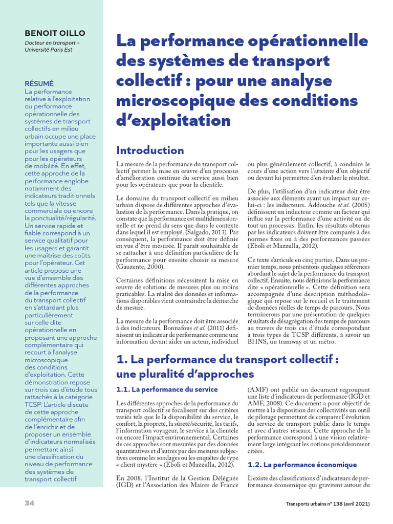 La Performance Operationnelle Des Systemes de Transport Collectif Pour ...