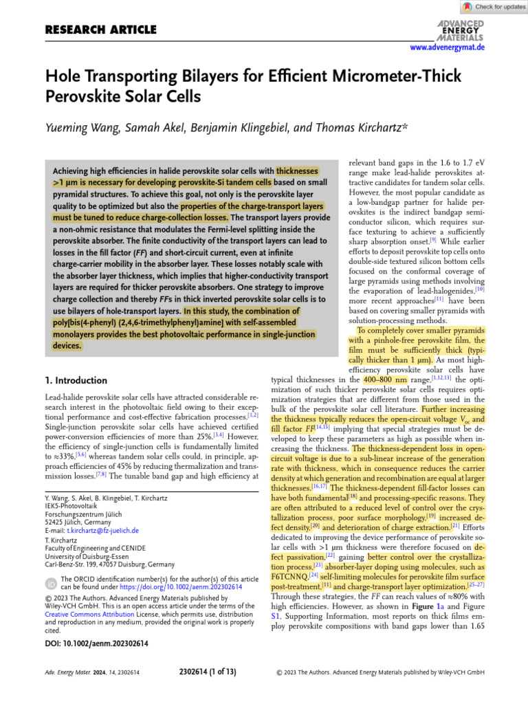 Hole Transporting Bilayers For Efficient Micrometer Thick Perovskite Solar Cells | PDF