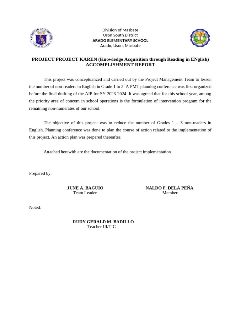 Karen Accomplishment Report | PDF