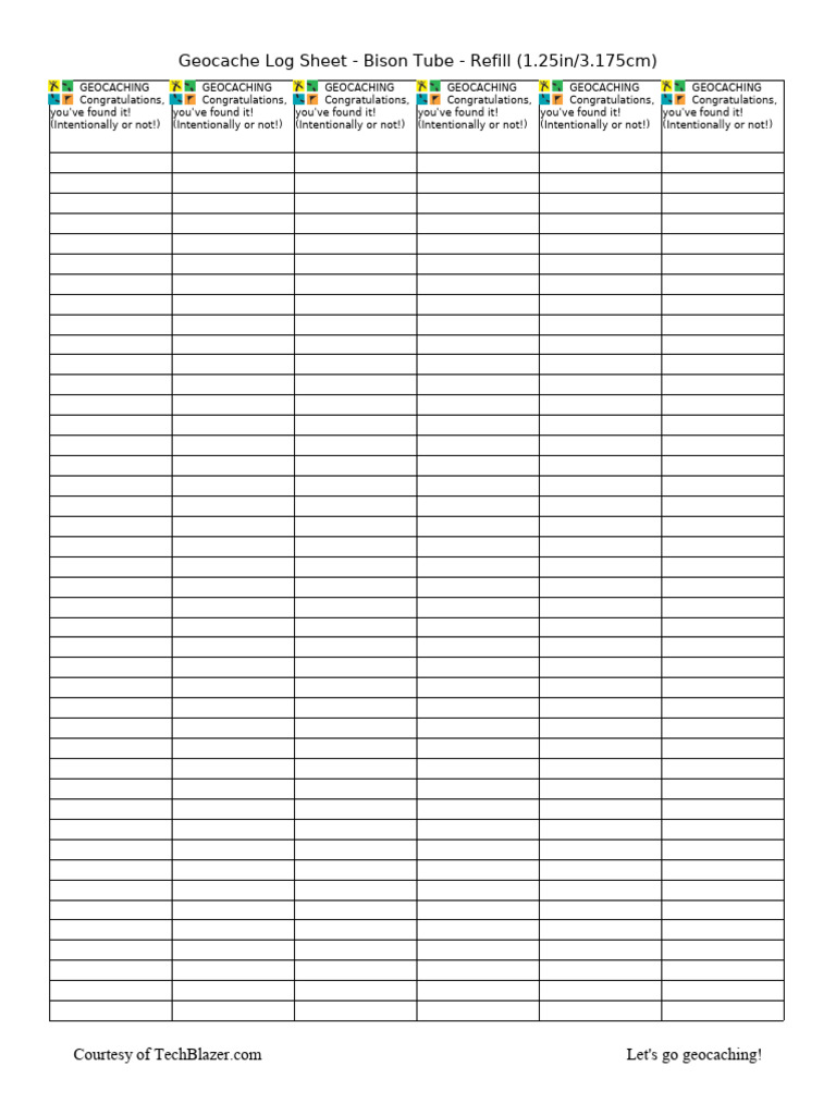 Log SheetsGeocaching Log Sheet Bison Tube Refill PDF | PDF