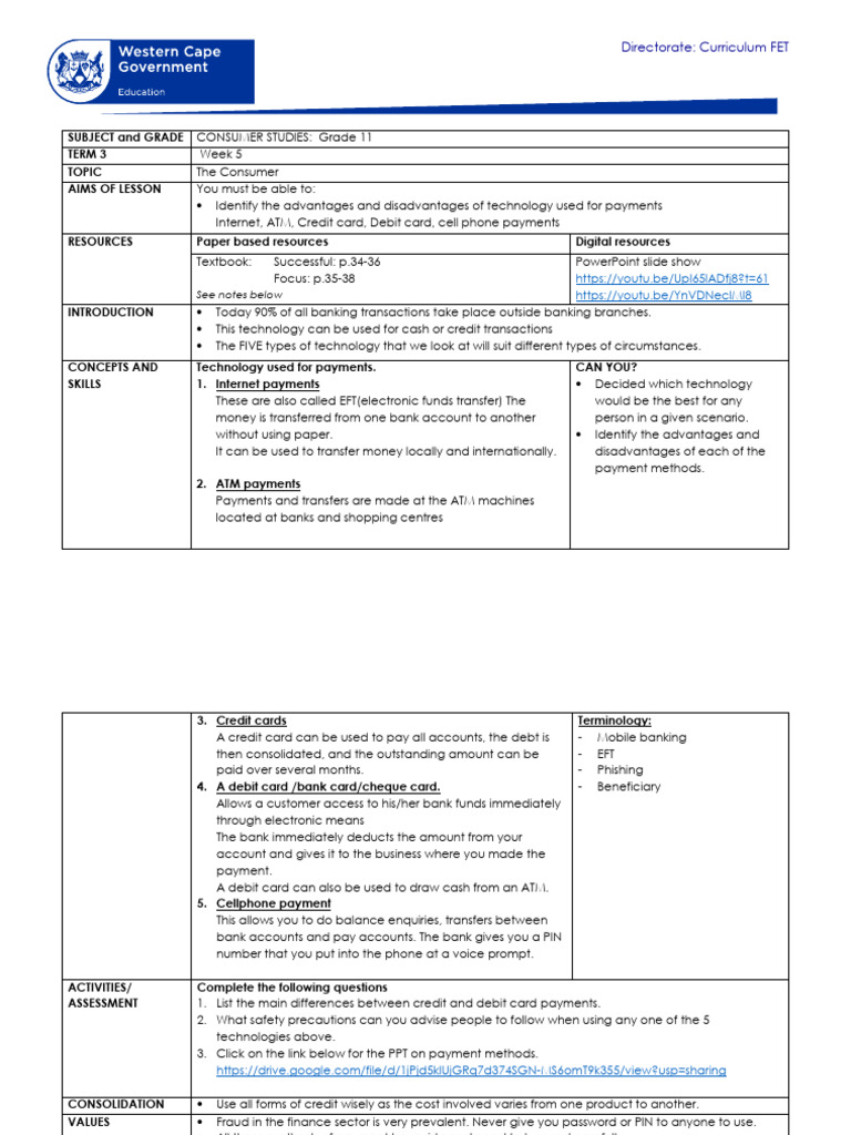 Consumer Studies Grade 11 Term 3 Week 5 - 2020 | PDF