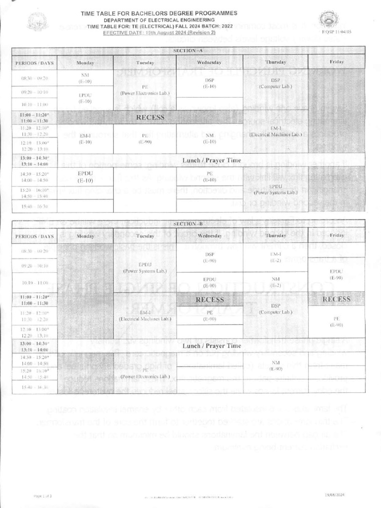 Time Table For TE Fall Semester-2024 Rev-II EE | PDF