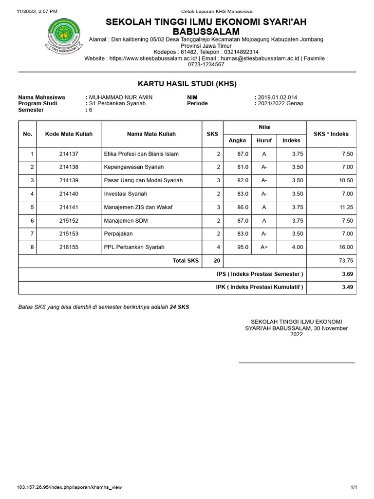 Cetak Laporan KHS Mahasiswa | PDF