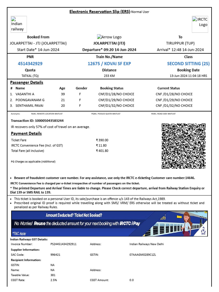 Kovai SF Exp Second Sitting (2S) : Electronic Reserva On Slip (ERS) | PDF