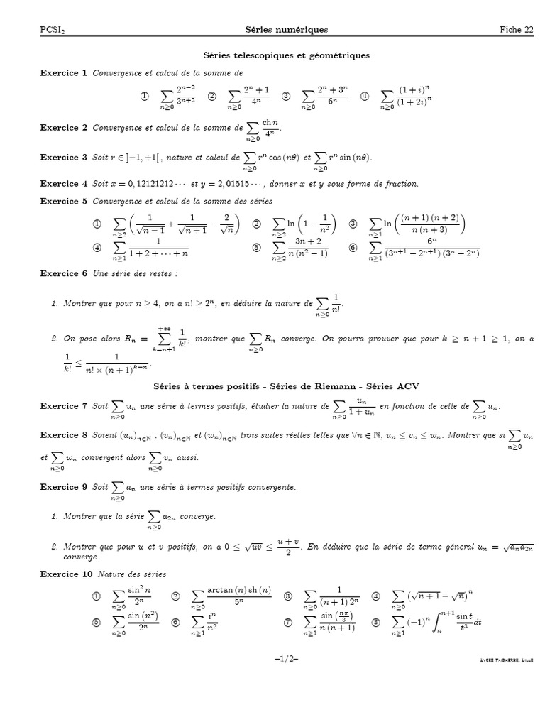 Series Numeriques Exercices Non Corriges | PDF
