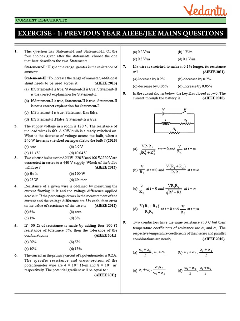 04 Current Electricity - Exercise-1 | PDF