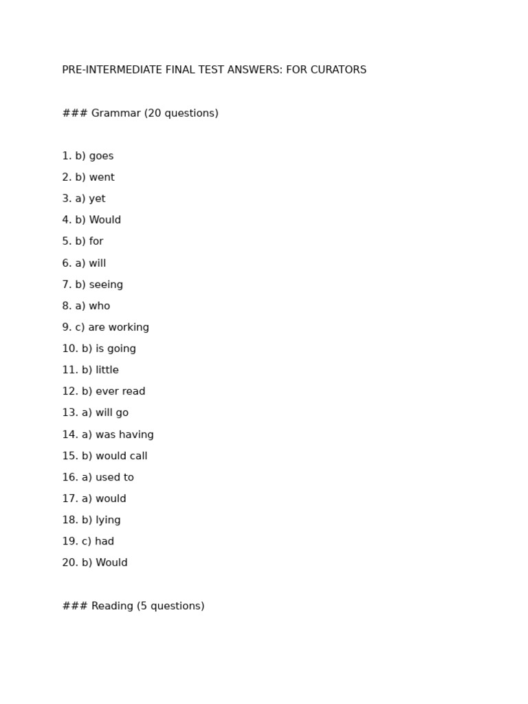 Pre-Intermediate Final Test Answers | PDF