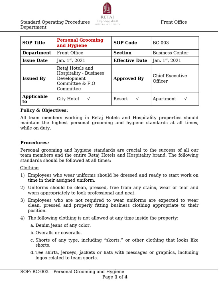 Front Office Grooming Standards SOP | PDF | Clothing | Fashion