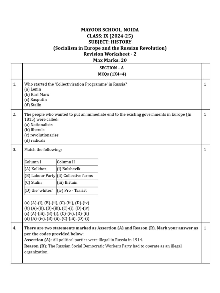 History Class 9 Chapter 2 Revision Worksheet | PDF