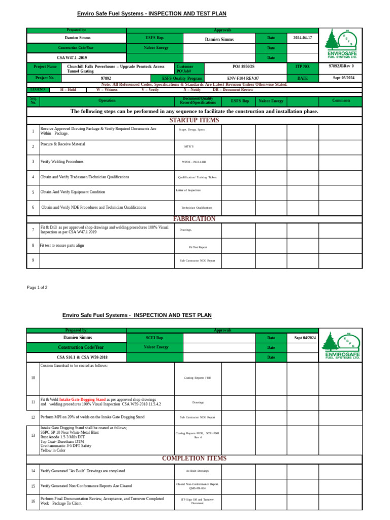 Enviro Safe Fuel Systems - INSPECTION AND TEST PLAN | PDF
