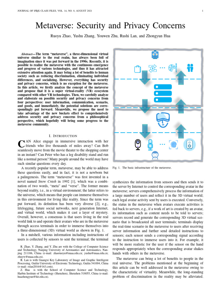 Metaverse: Security and Privacy Concerns: Ruoyu Zhao, Yushu Zhang, Youwen Zhu, Rushi Lan, and ...