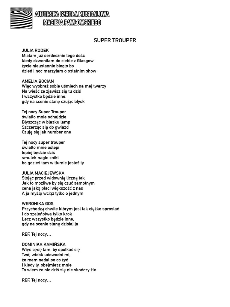 SUPER TROUPER - Musical Lyrics | PDF