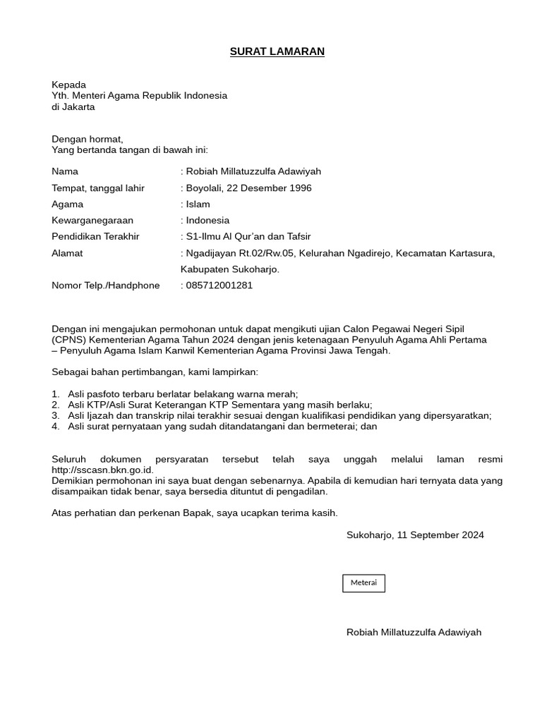 Surat Lamaran Dan Pernyataan Cpns Kemenag 2024-1 | PDF