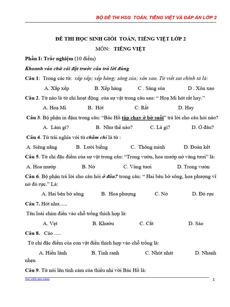 de Thi HSG Mon Toan Tieng Viet Lop 2 | PDF