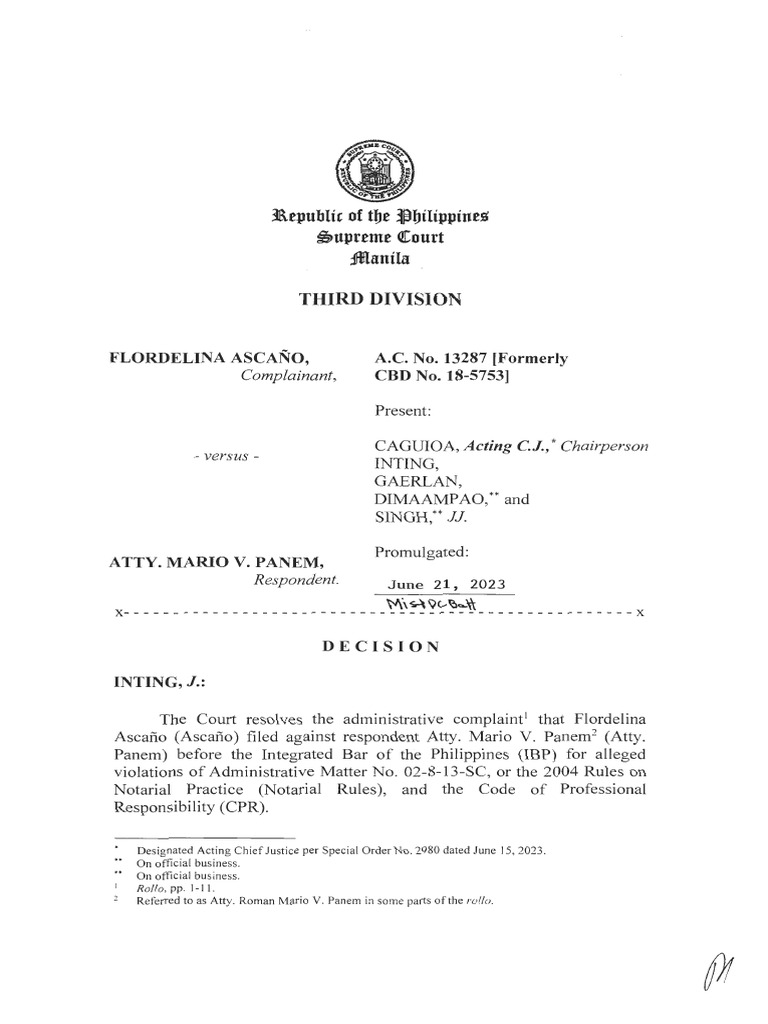 2-1 Flordelina Ascano Vs Atty Mario V. Panem, A.C. No 13287, June 21 ...