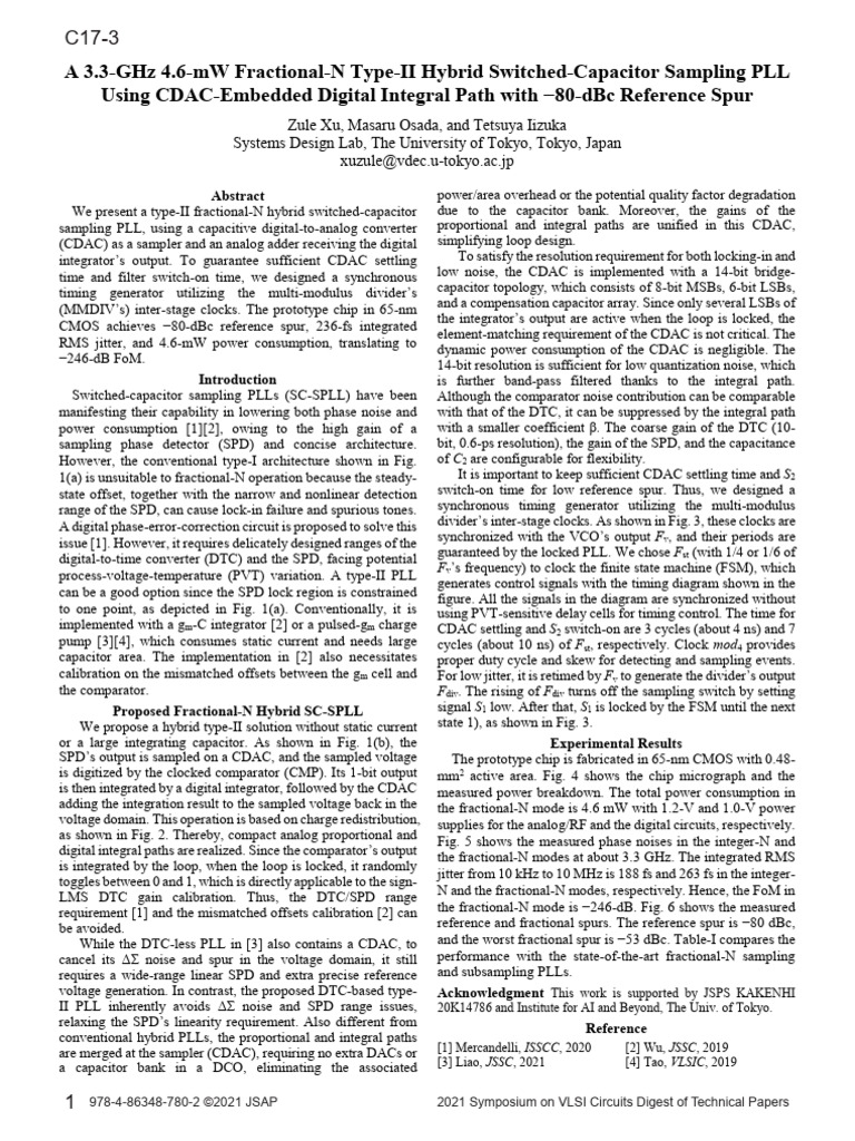 A 3.3-Ghz 4.6-Mw Fractional-N Type-Ii Hybrid Switched-Capacitor Sampling PLL Using Cdac-Embedded ...