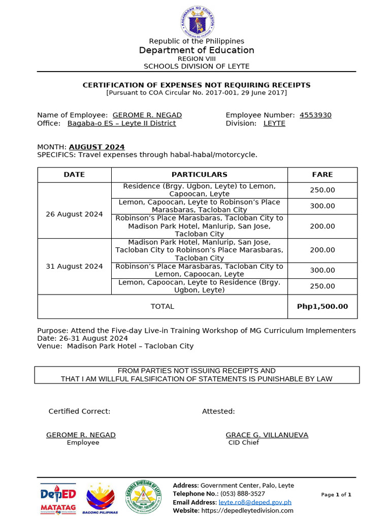 Certificate-of-Expenses-MGTravel | PDF