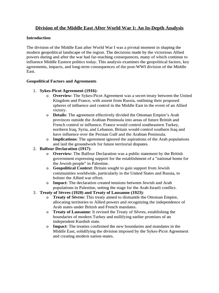 Division of The Middle East After World War I - Analysis | PDF