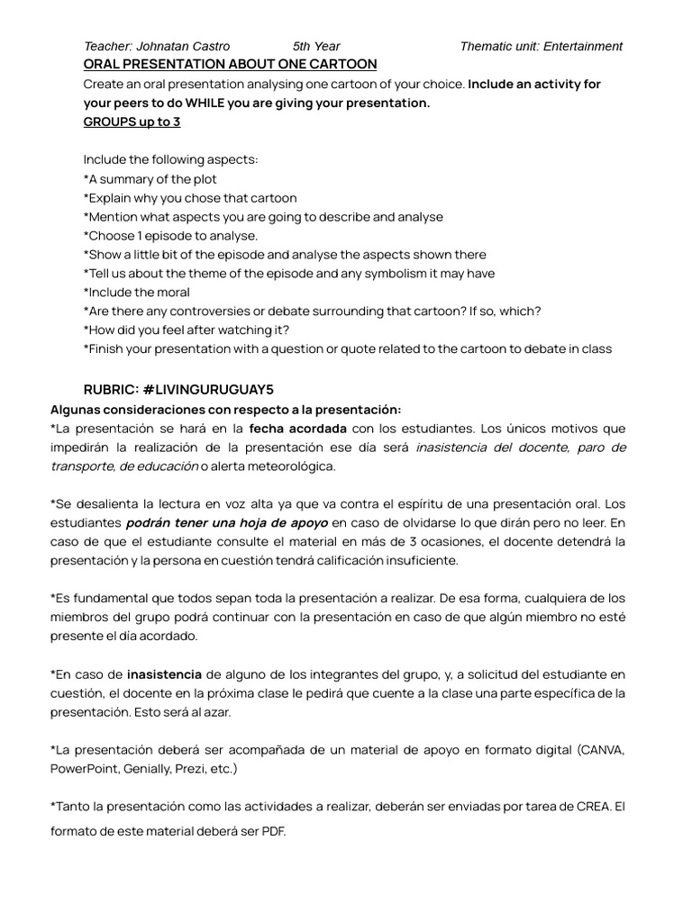 Oral Presentations About Cartoons (Students) | PDF