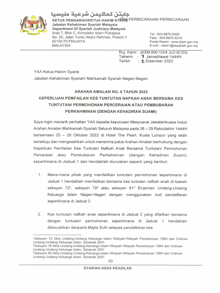 6 Arahan Amalan No 6 THN 2022 KEPERLUAN PEMFAILAN KES TUNTUTAN NAFKAH ...