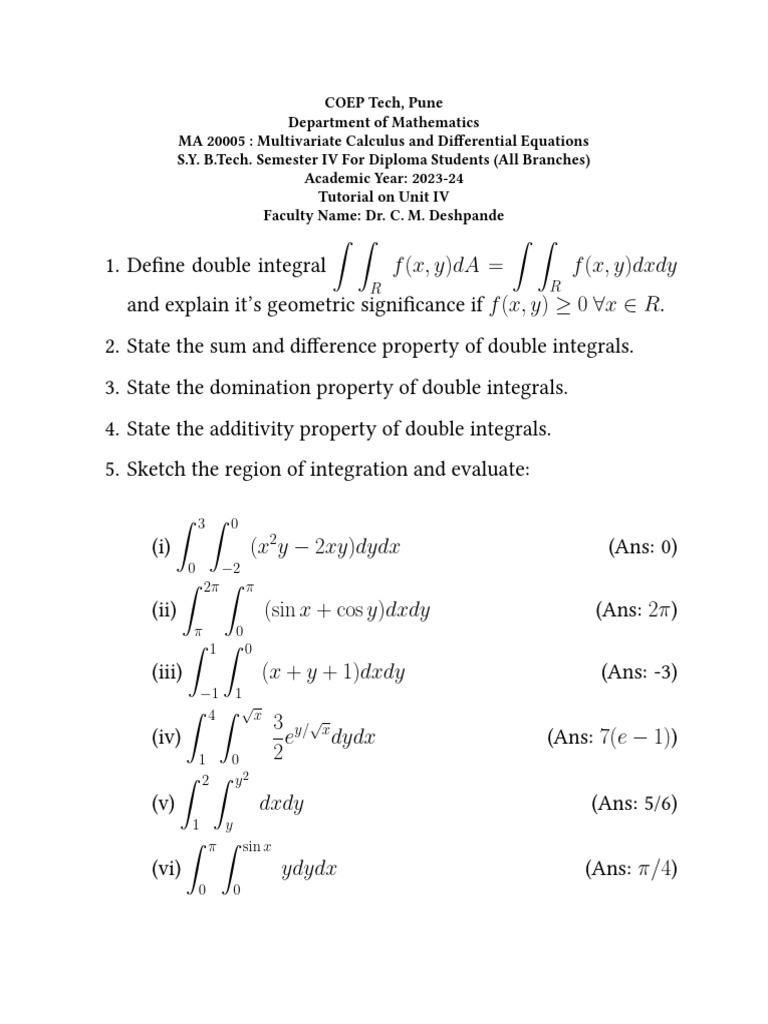 Tutorial On Unit IV Multiple Integrals | PDF