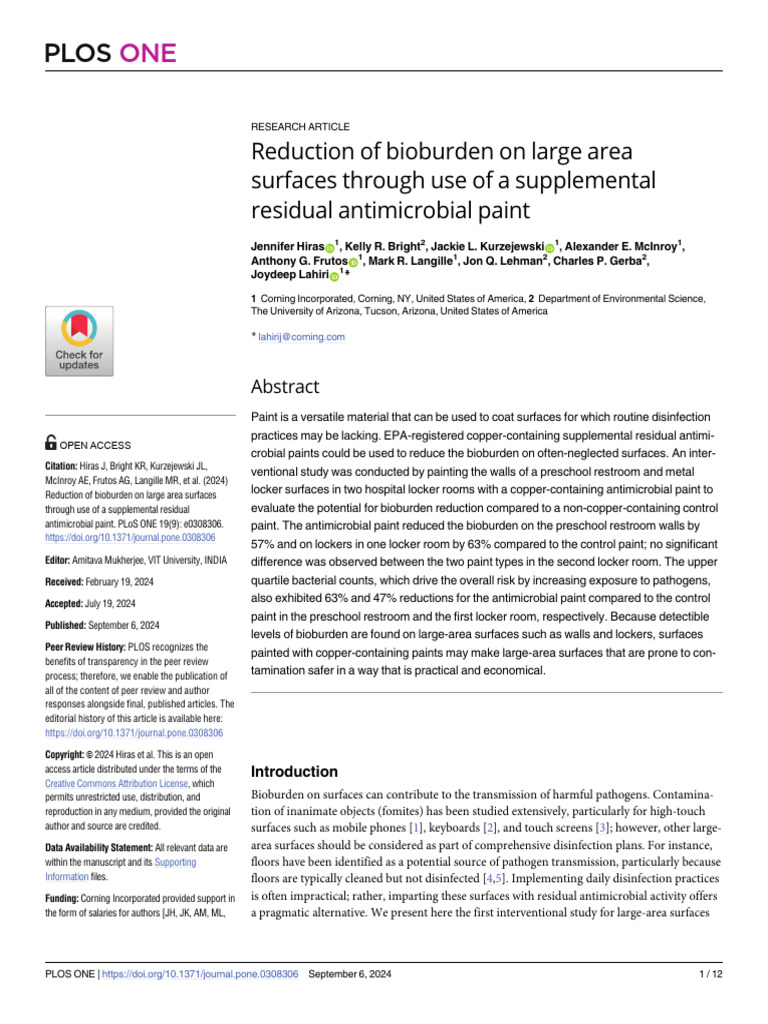 Reduction of Bioburden On Large Area Surfaces Thro | PDF
