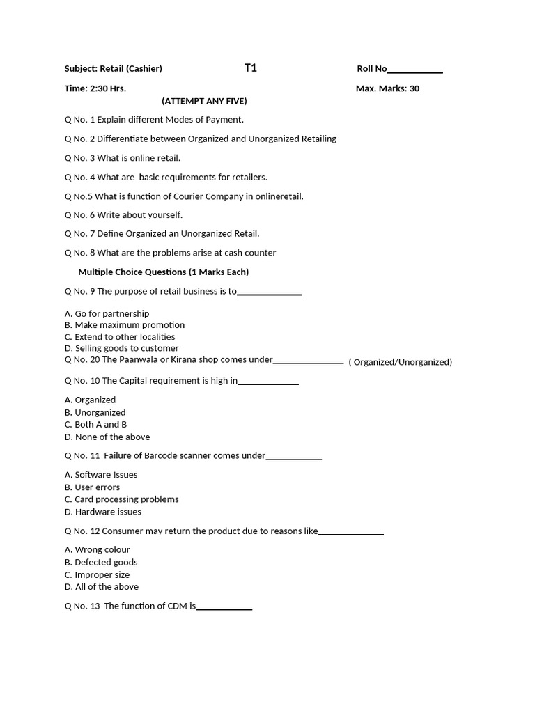 Retail 9th Class Question Paper | PDF