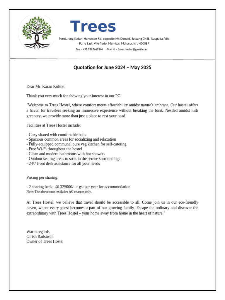 Trees hostel quotation | PDF