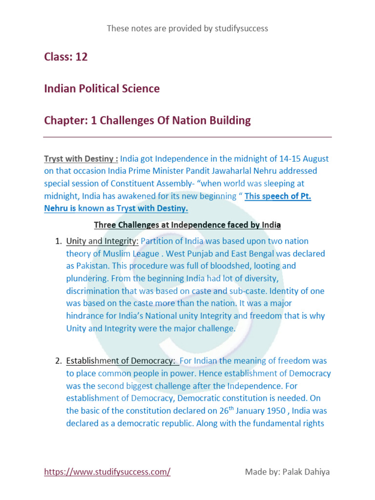 Class 12 Civics ch-1 Notes | PDF | Partition Of India | Pakistan