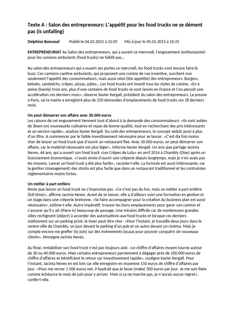 10 French 2. Activité de Lecture - Les Food Truck | PDF