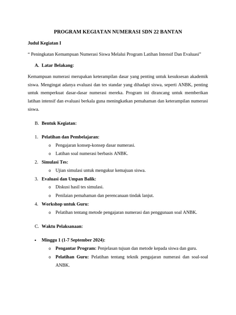 Program Kegiatan Numerasi SDN 22 Bantan 2024 | PDF