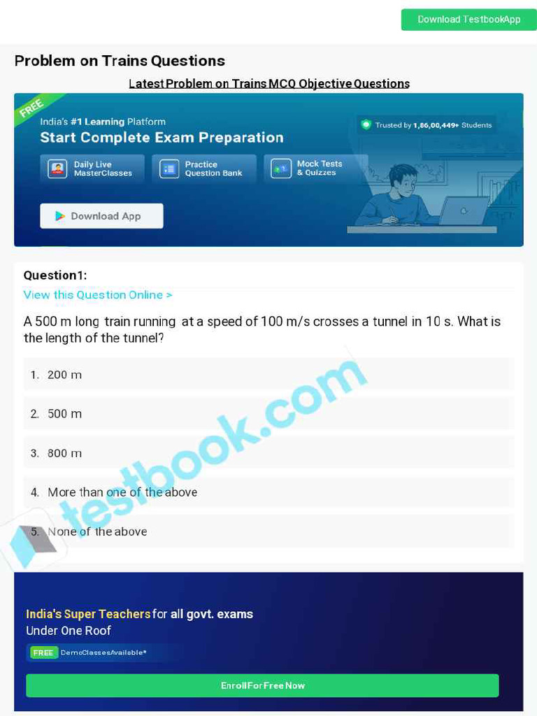 MCQ On Problem On Trains 5eea6a1039140f30f369e863 | PDF