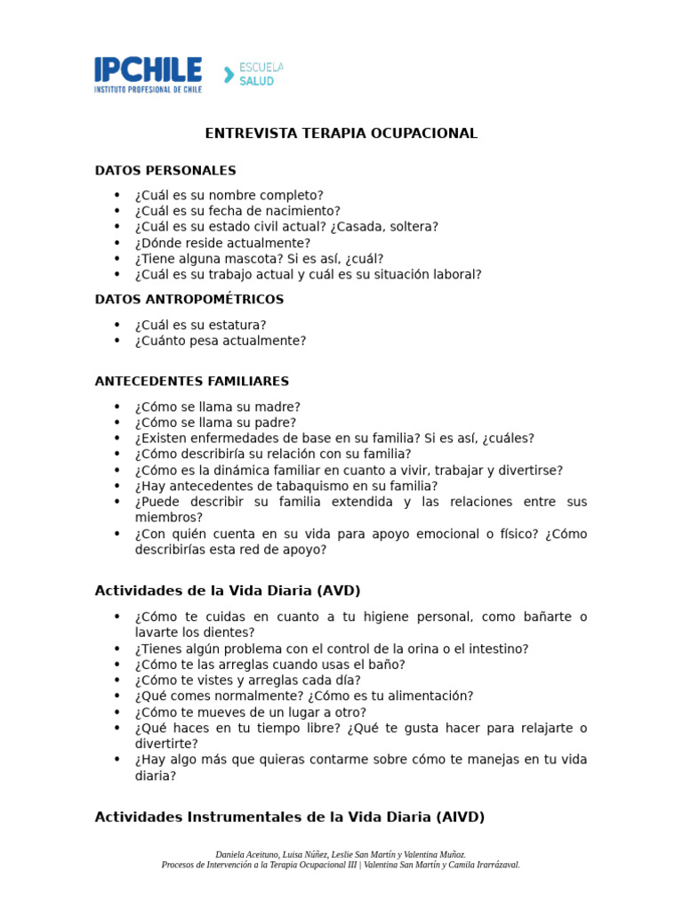Entrevista Terapia Ocupacional Formato | PDF