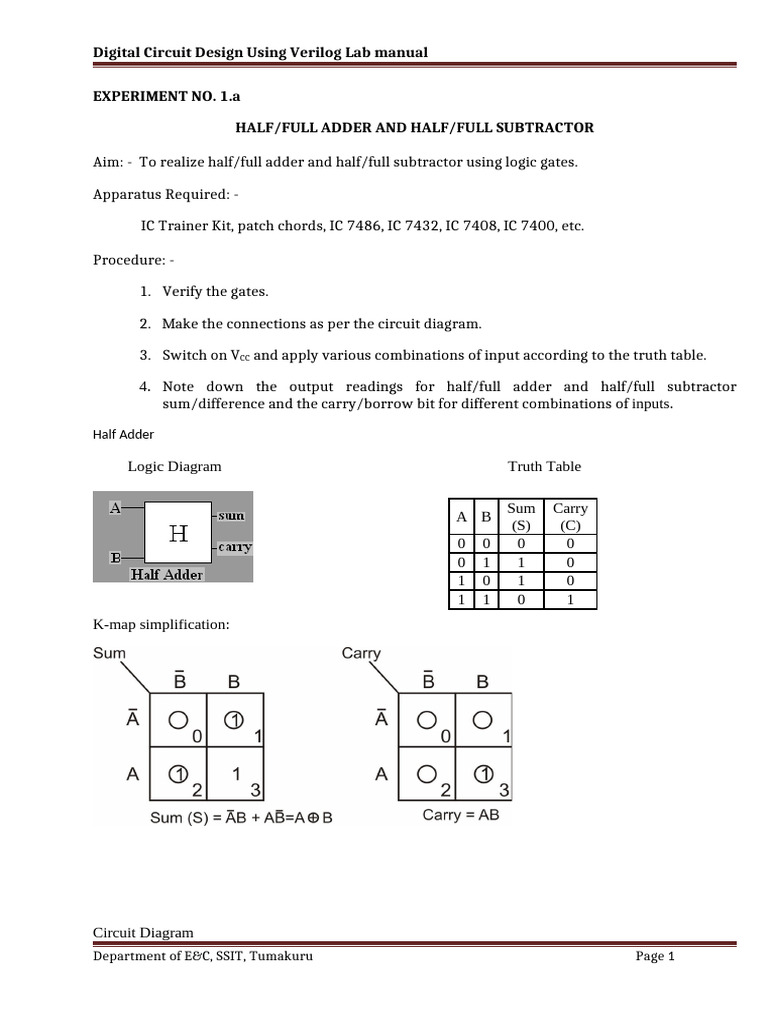 Verilog Lab Manual: Adders & Subtractors | PDF | Digital Electronics | Teaching Methods & Materials