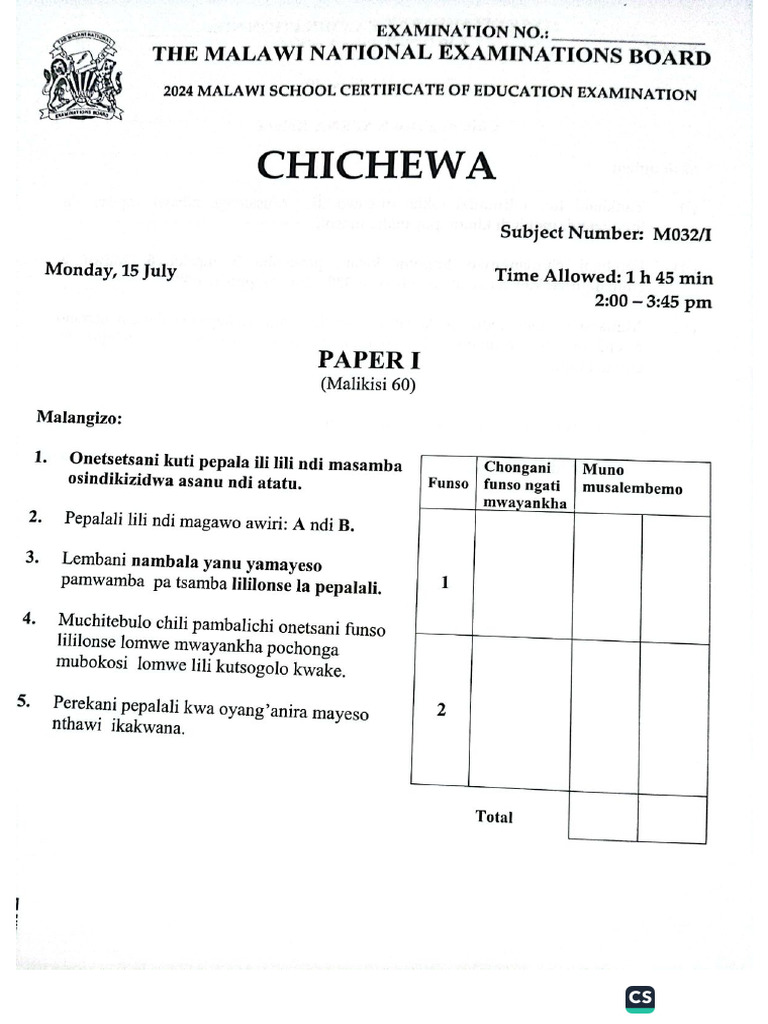 2024 MANEB Chichewa I | PDF