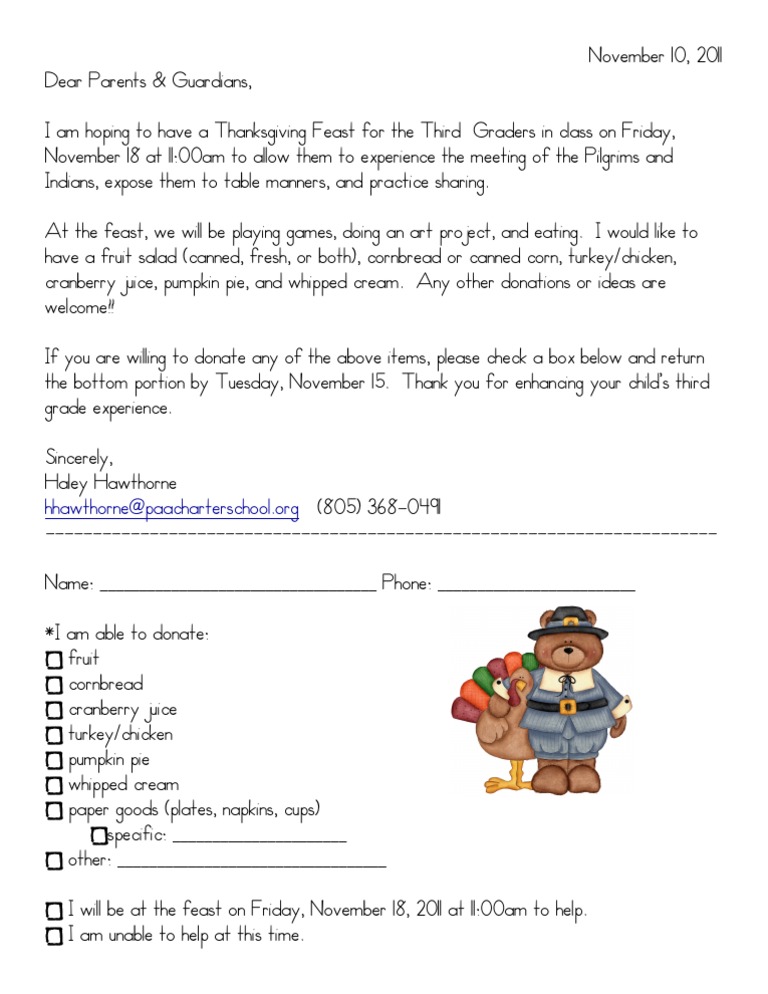Thanksgiving Feast Letter | PDF | Sports & Recreation | Cooking, Food ...