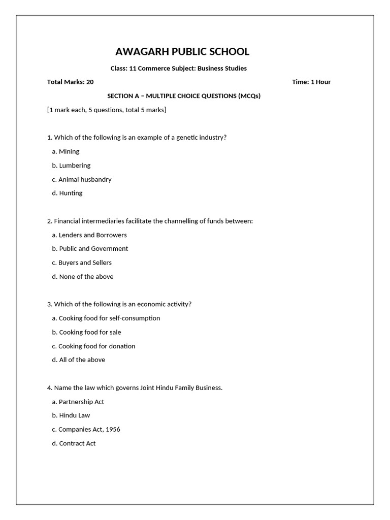 Aps 11 TH Business Test Paper | PDF